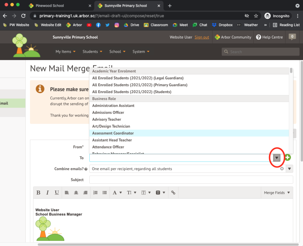 Arbor - Sending Emails - Pinewood School Academy Trust