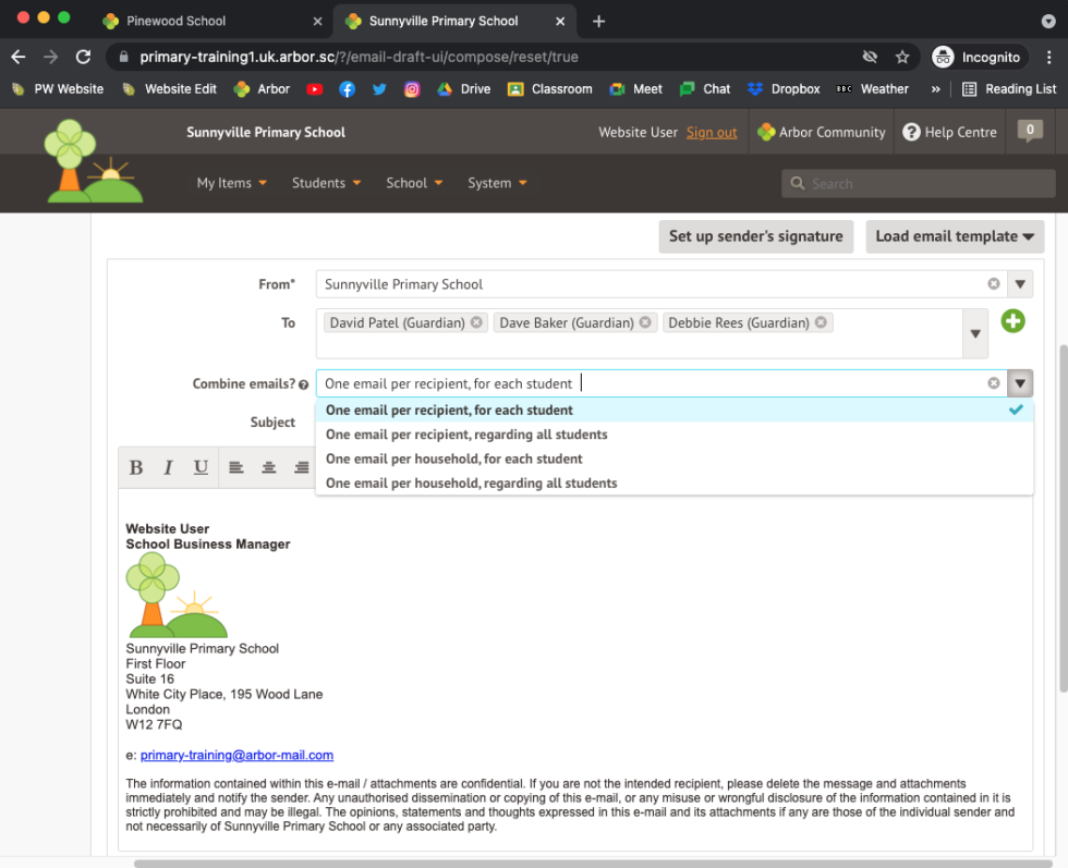Arbor - Sending Emails - Pinewood School Academy Trust