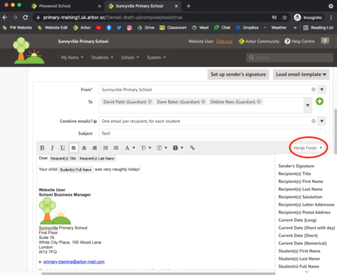 Arbor - Sending Emails - Pinewood School Academy Trust